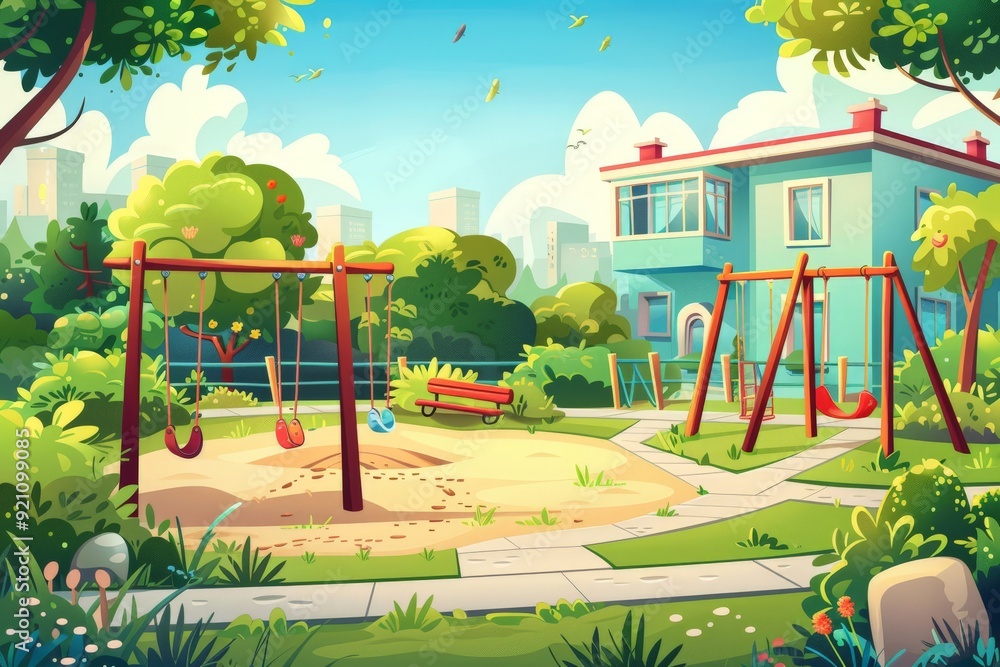 Fun and inviting empty landscape cartoon of a children's nursery play ...