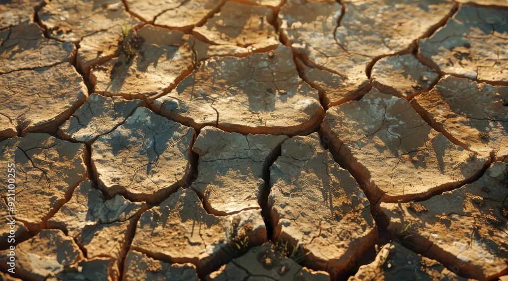 The image displays cracked and dry earth, which vividly highlights the ...