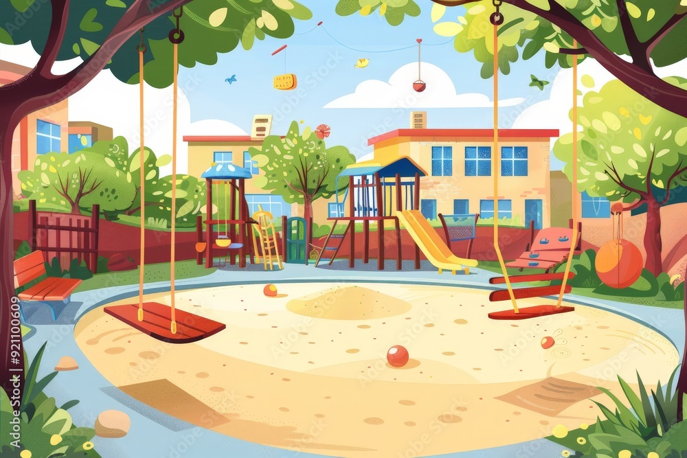Inviting empty playground illustration, with a kindergarten and nursery ...