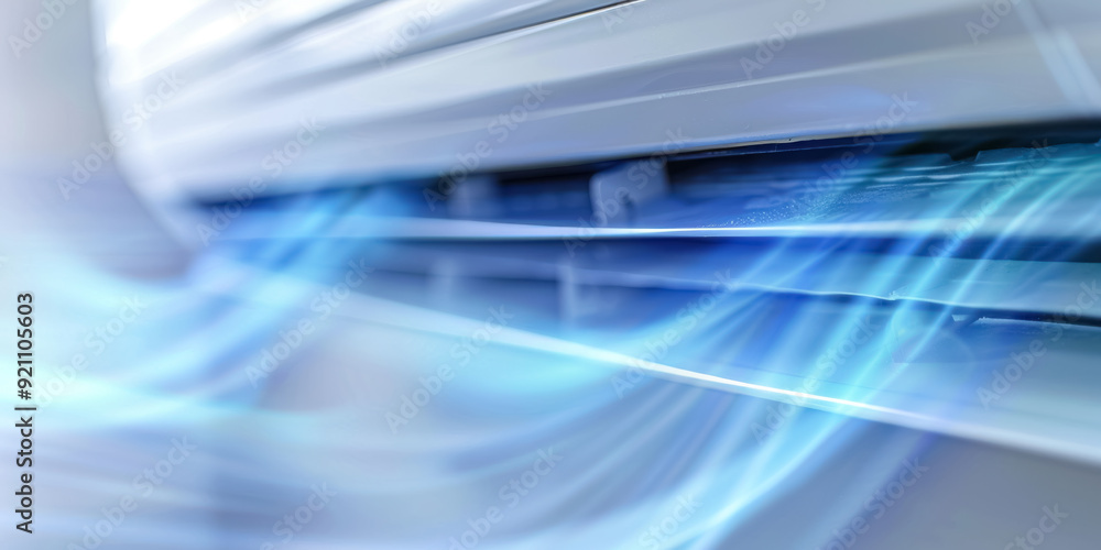 Blue Airflow Stream from Air Conditioner Close-Up. A close-up view of ...