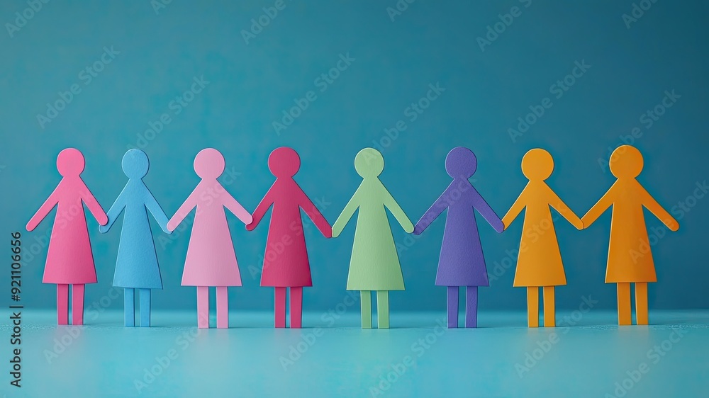 Colorful paper cutout human figures holding hands against a blue background, representing ...