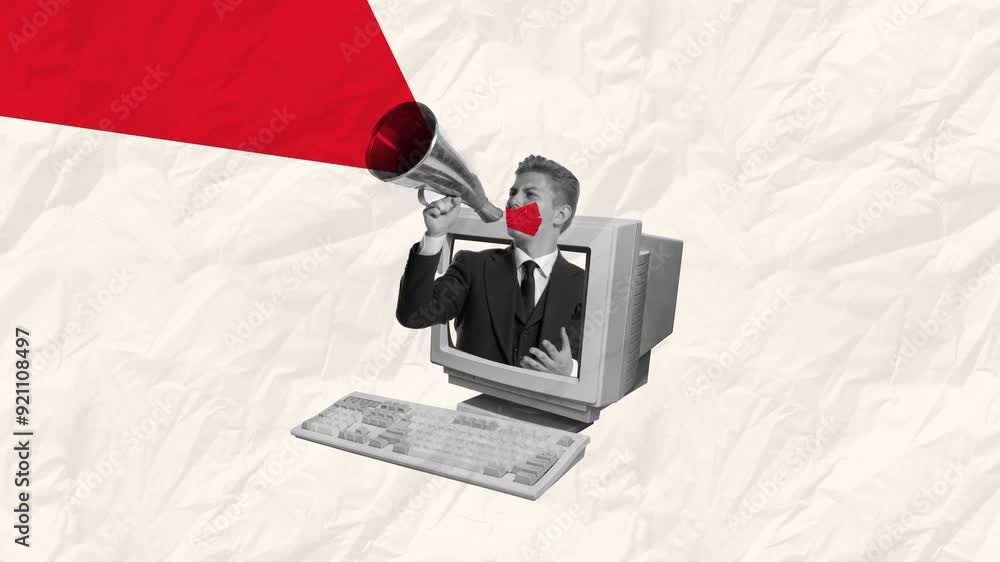 Stop motion, animation. Man with sealed mouth shouting in megaphone ...