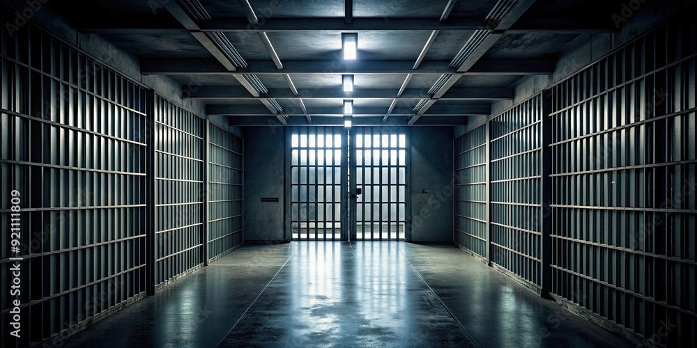Dark and claustrophobic view from inside a prison cell , incarceration ...