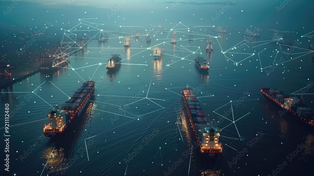 Aerial view of cargo ships navigating a complex network of global trade ...