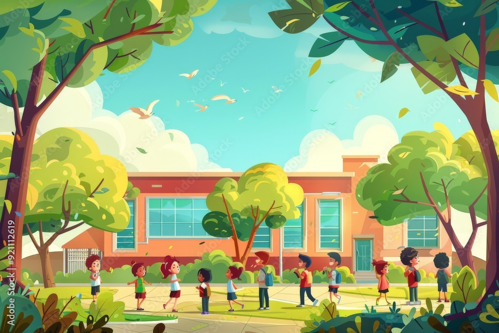 School children on the road, school building, garden nursery with trees ...