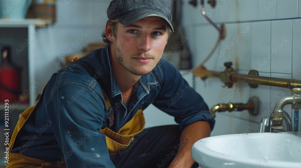 handsome plumber wearing a working uniform and a cap, kneeling down in ...