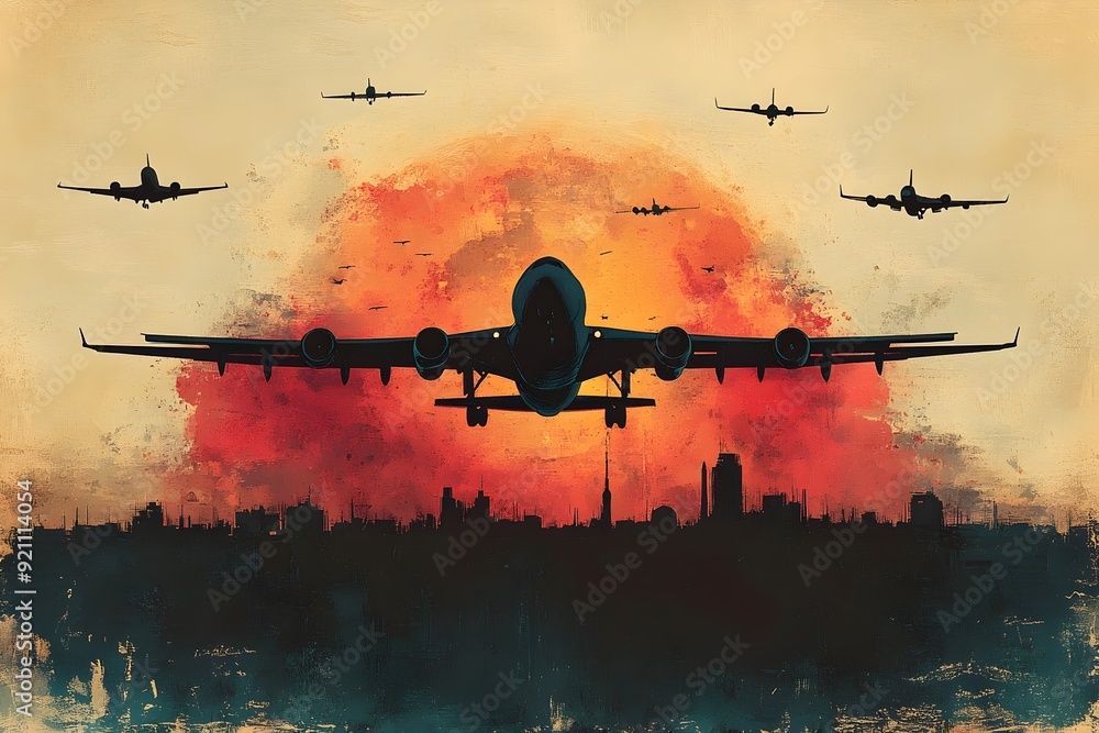 multiple airplane silhouettes flying across a vibrant, textured sunset ...