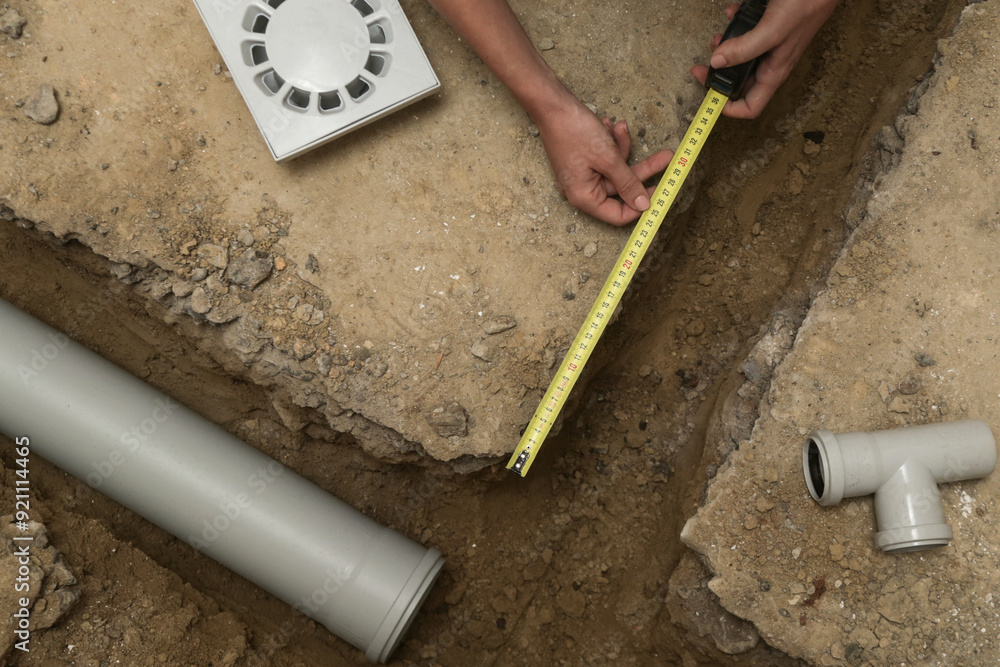 Process of installing PVC pipes sewage system in bathroom, DIY home ...