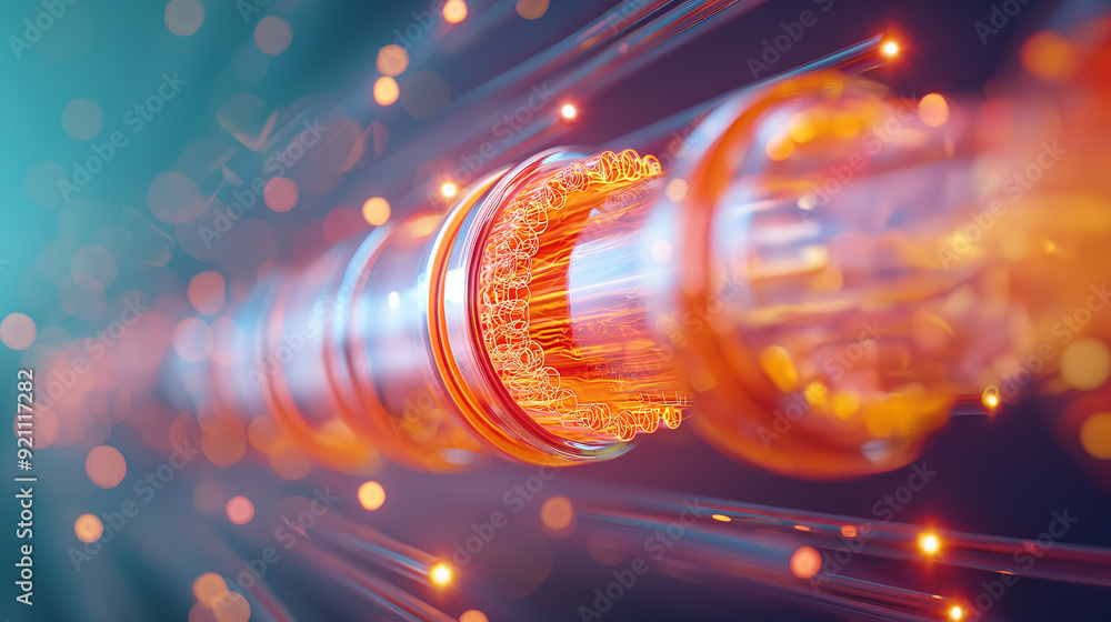 Data transmission via fiber optic cable ,cross section within the fiber ...
