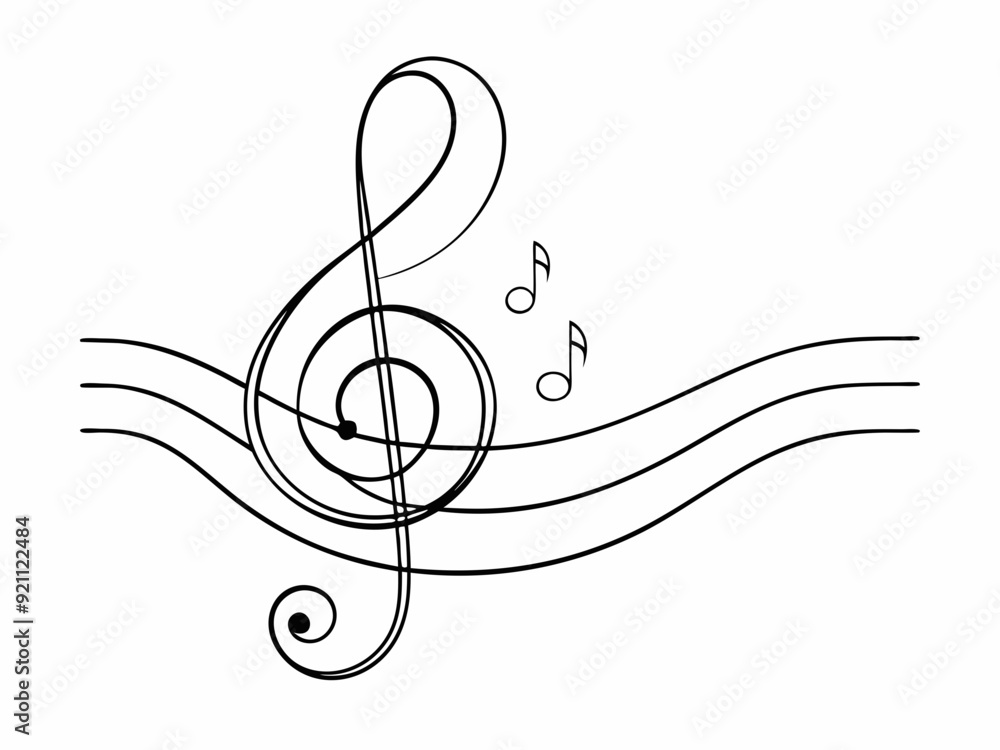 continuous single line drawing of music notes and treble clef, abstract ...