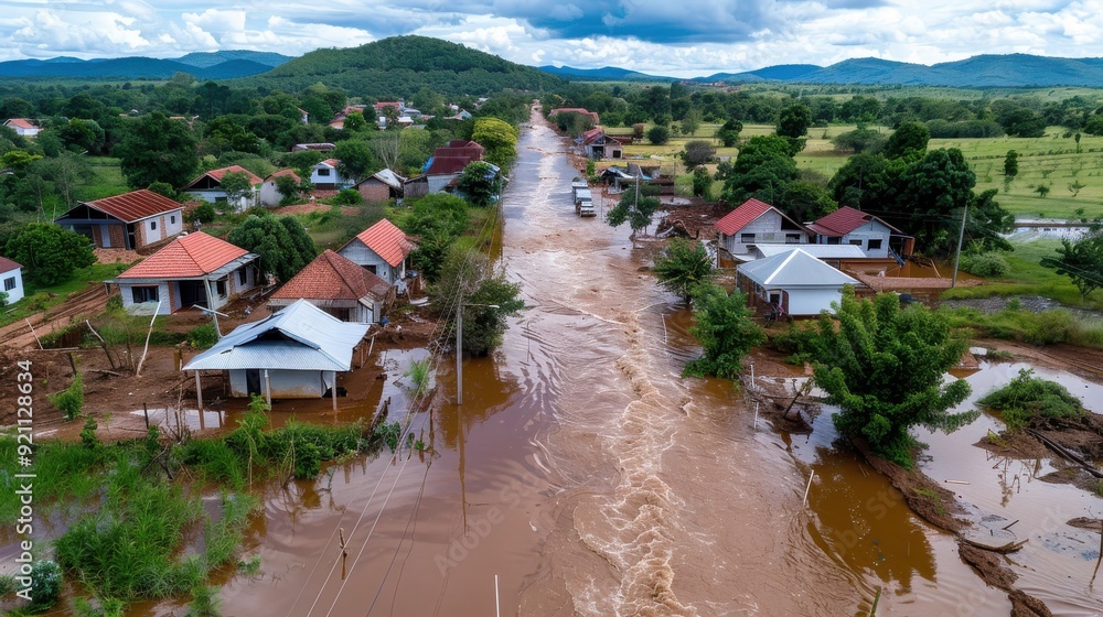 An aerial view of a rural village heavily affected by flooding. Water ...