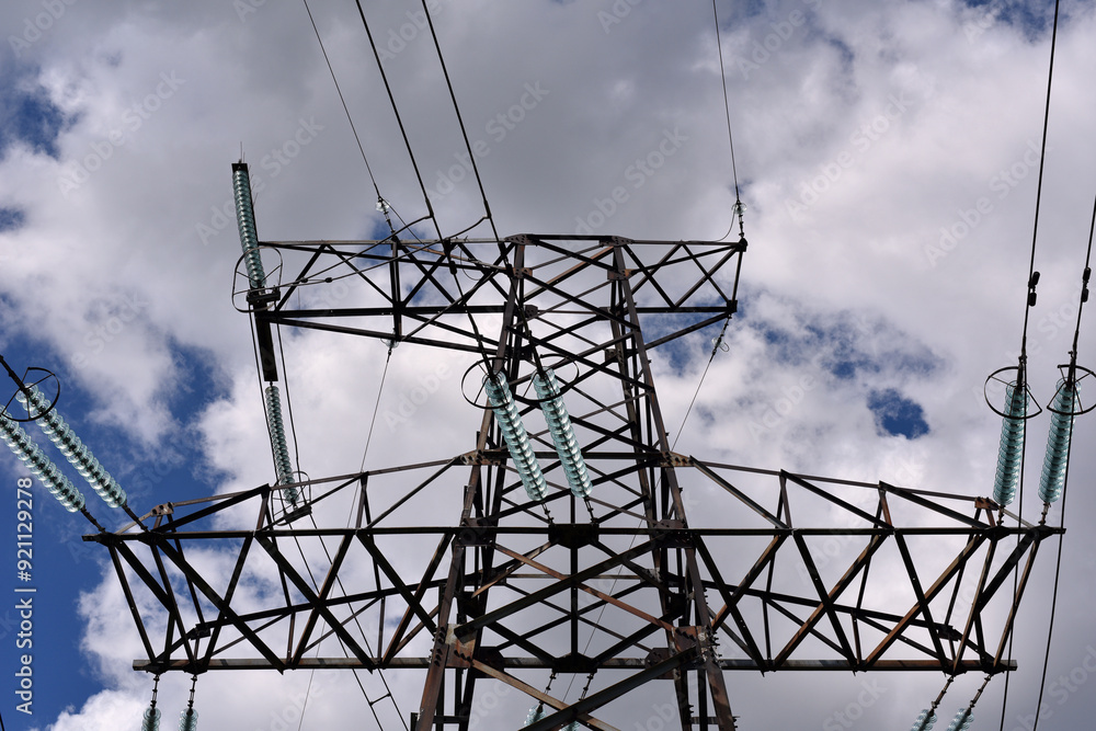 High voltage power line on blue sky background in Sunny day. wires ...