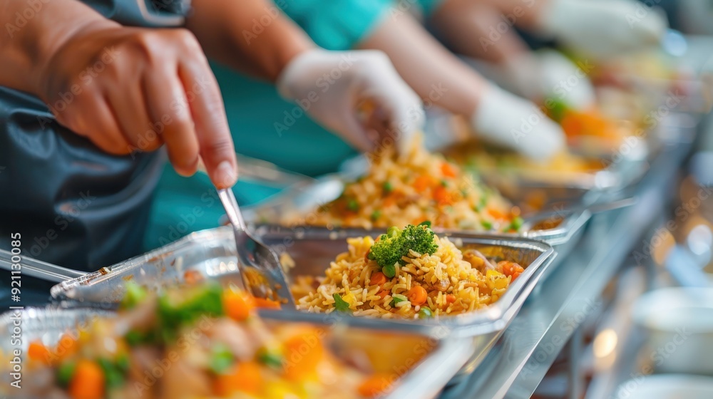 Various hands, some gloved for hygiene, serve delicious colorful food ...