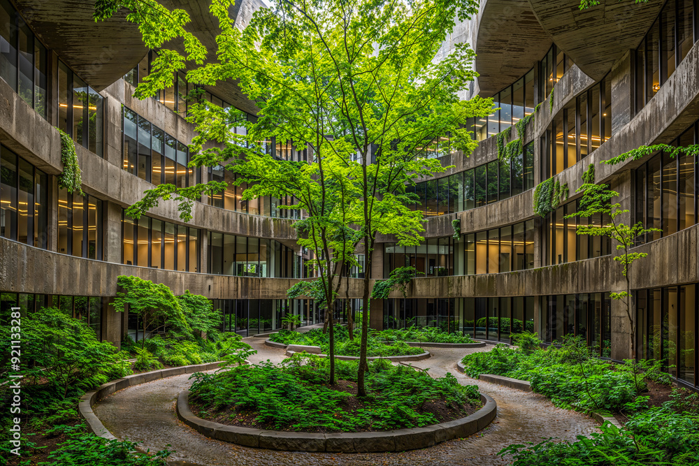 Concrete circular courtyard outdoor garden atrium in office building ...
