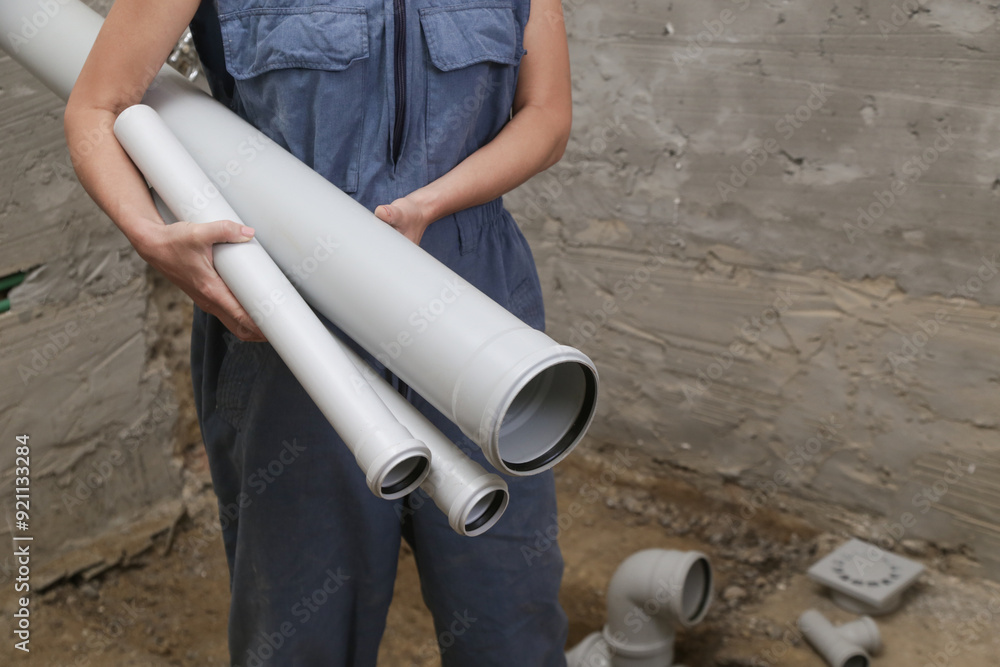Process of installing PVC pipes sewage system in bathroom, DIY home ...