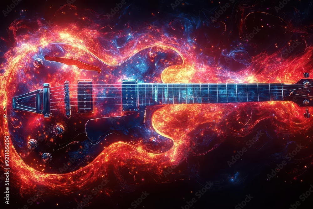 vibrant digital illustration of an electric guitar with swirling ...