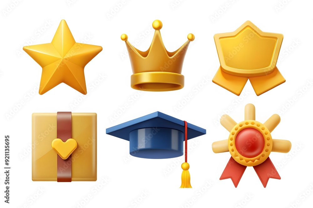 Golden trophy and prize emblem set of shield star medal and wreath ...