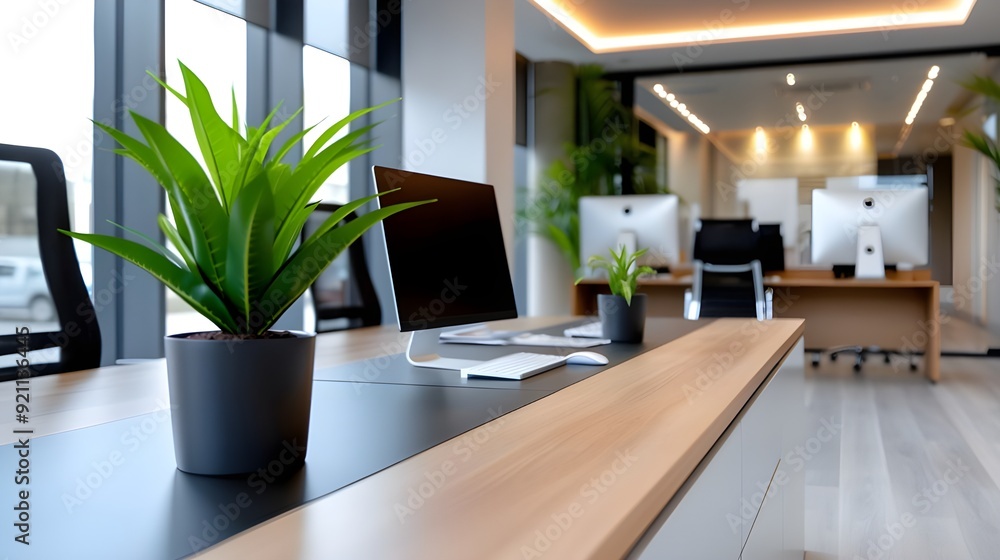 A bustling corporate office with employees working at their desks ...