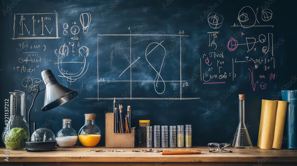 desk with a black chalkboard behind it. The chalkboard has many ...