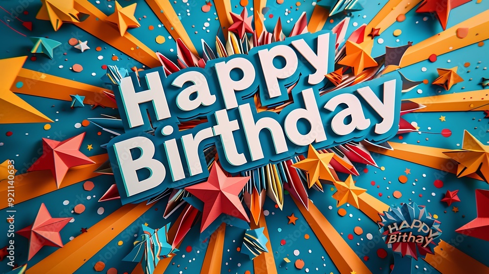 A fun paper art banner with "Happy Birthday" letters in comic book ...