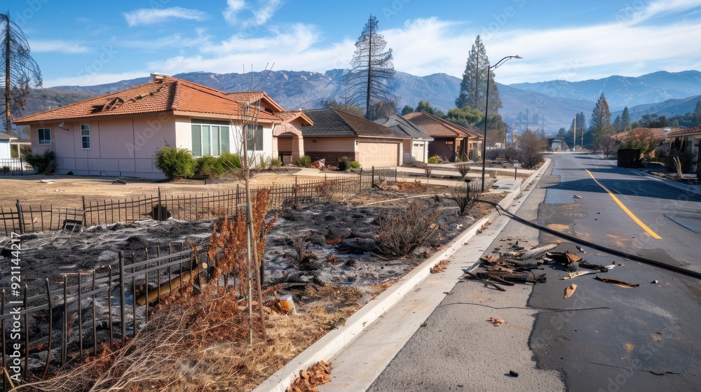 A suburban neighborhood shows the blackened aftermath of a wildfire ...