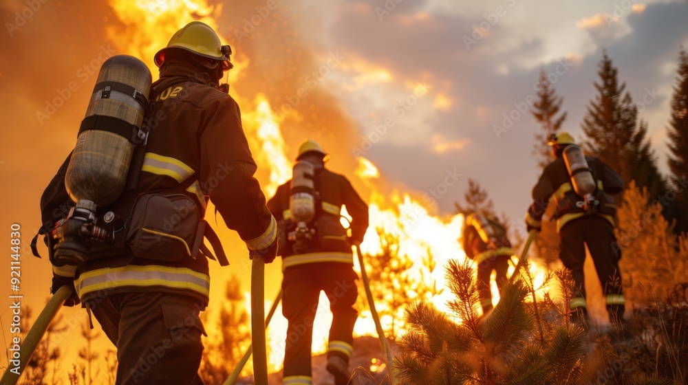 Three firefighters in full gear, helmets, and oxygen tanks with hoses ...
