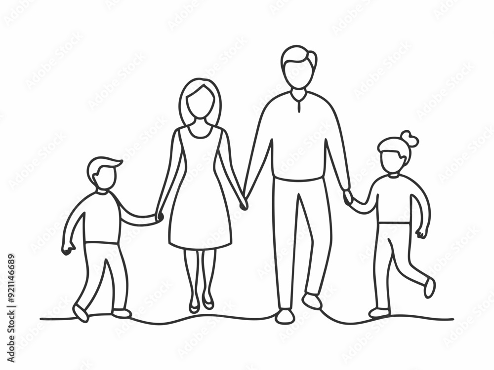 continuous single line drawing of mother and father with two children ...