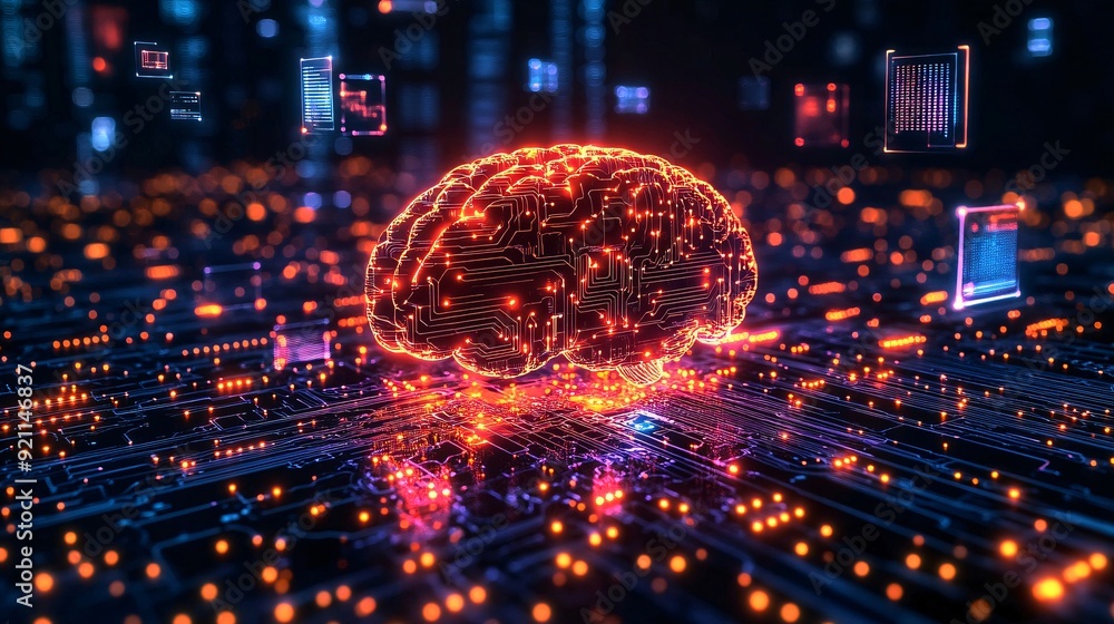 A glowing AI-powered chip integrated into a human brain, with circuits ...