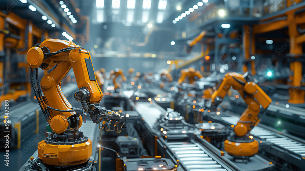 industrial automatic robotic arm, modern factory using advanced ...