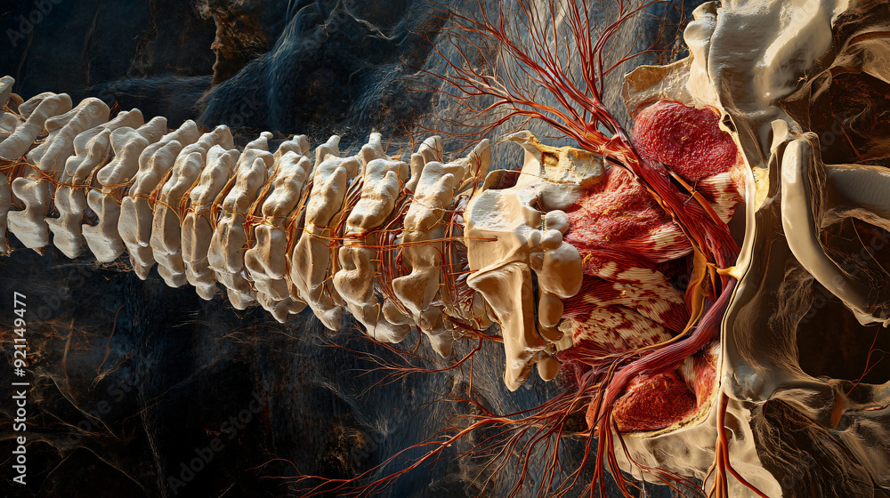 Anatomy of the human spinal cord showing detailed cross-sections and ...