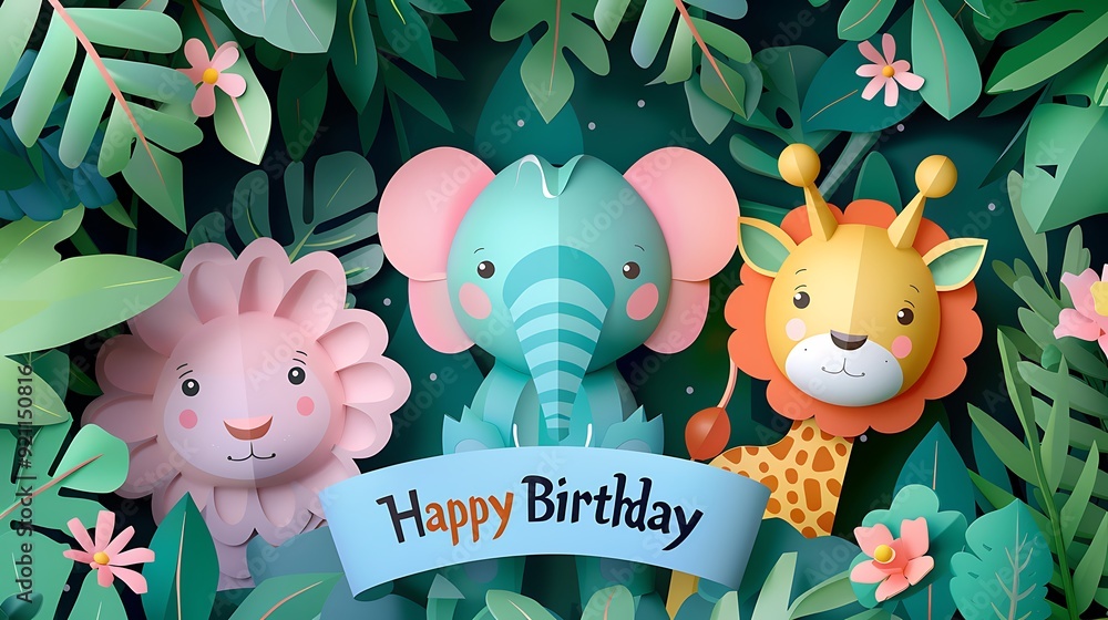 Cute paper animals holding individual letters of the "Happy Birthday ...