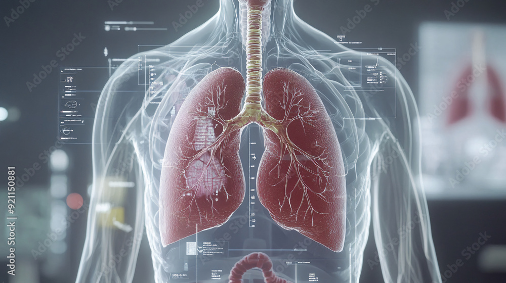 Respiratory system of the human body with a focus on lungs and airways ...