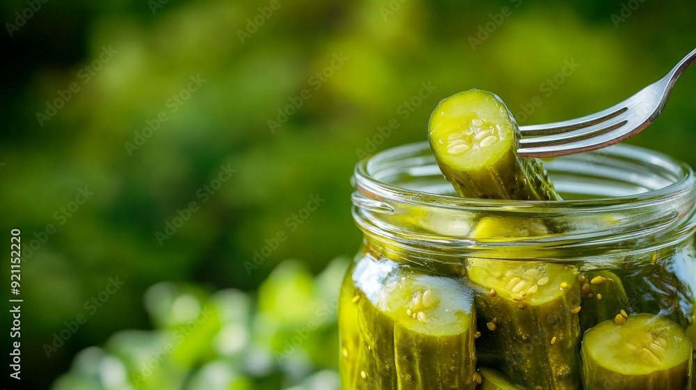 Pickled gherkins in a glass jar using a fork to remove the gherkins and ...