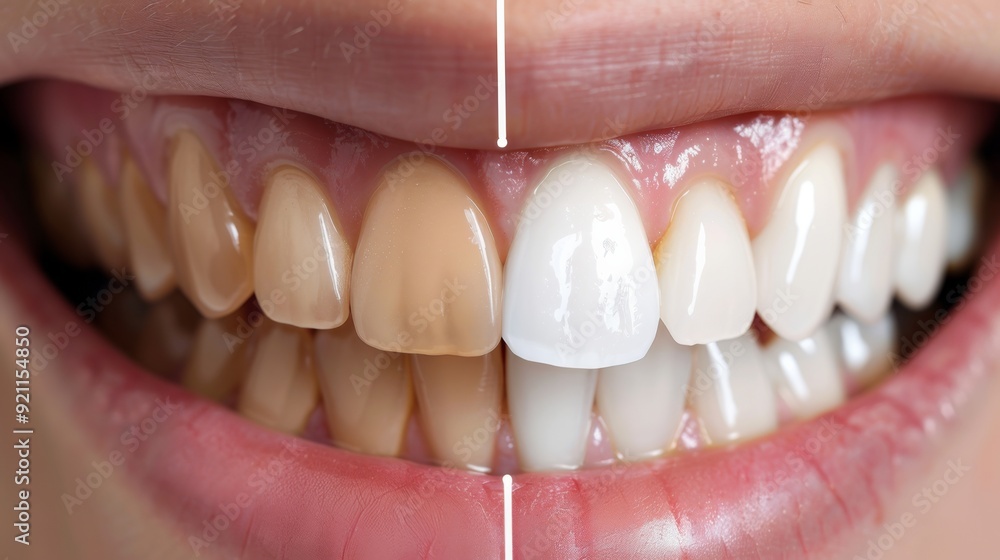 A close-up of the teeth before and after whitening vividly showcased ...