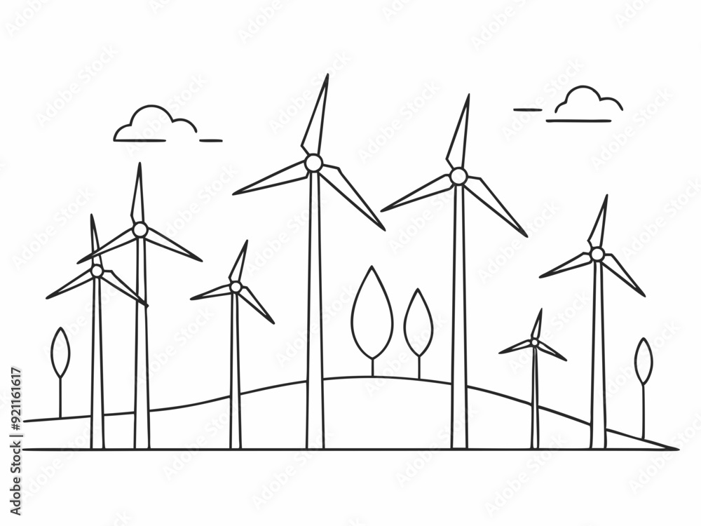 continuous single line drawing of wind farm, renewable energy wind ...