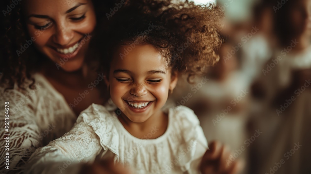 A mother and her young daughter share a joyful moment, captured in warm ...