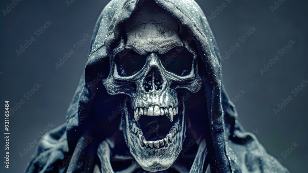 The grim reaper screams in fear, revealing an eerie skeleton face ...