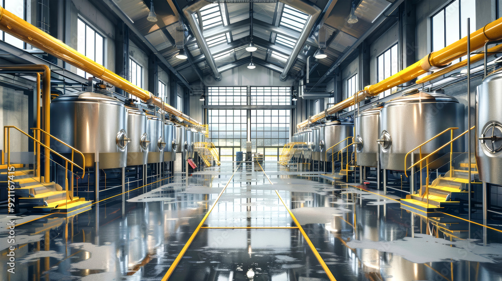 A sleek industrial interior features stainless steel tanks, yellow ...