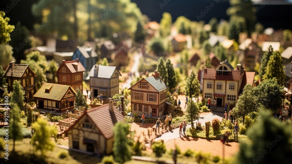 A charming small village with houses, trees, and people, all made from ...