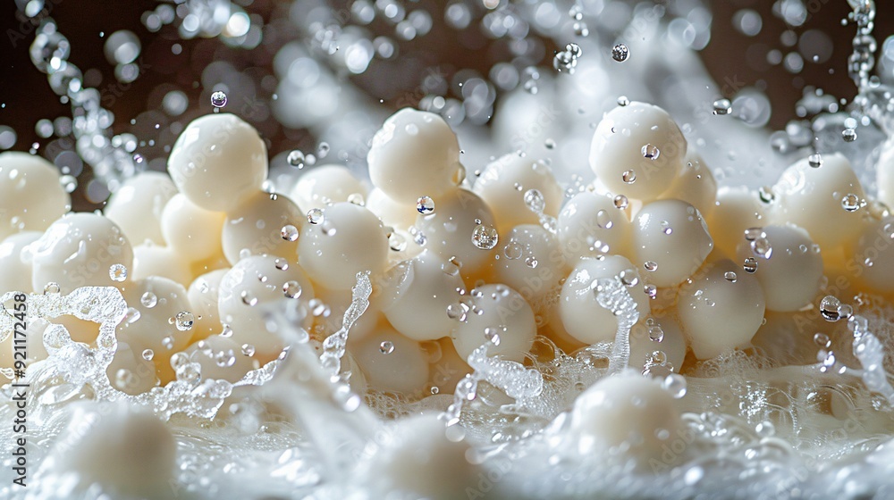 An up-close shot of white pearls causing a water splash, illustrating a ...