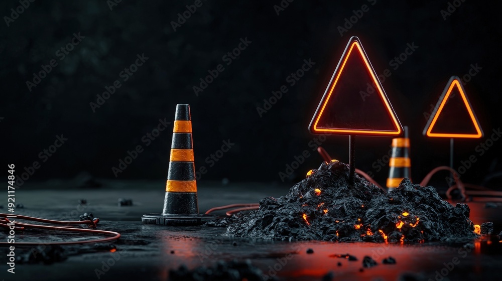 Illuminated warning signs and traffic cone in a dark environment ...