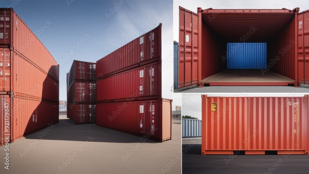 Three photos show various stages of shipping containers stacked open ...