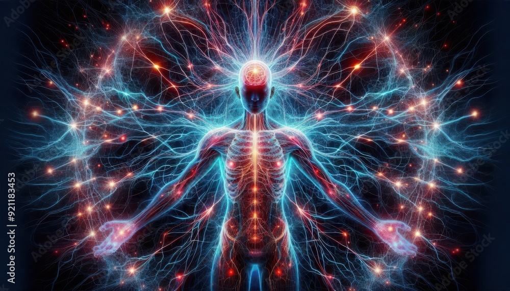 A glowing human figure with visible skeletal and nervous systems ...