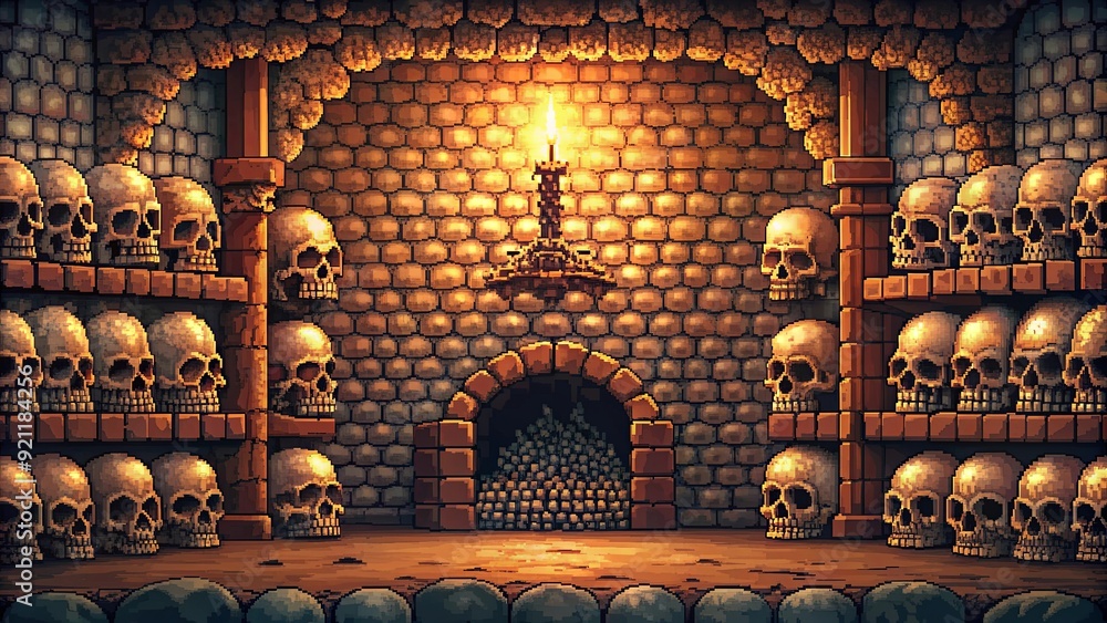 Pixel art abandoned catacombs with skulls, perfect for retro video game ...