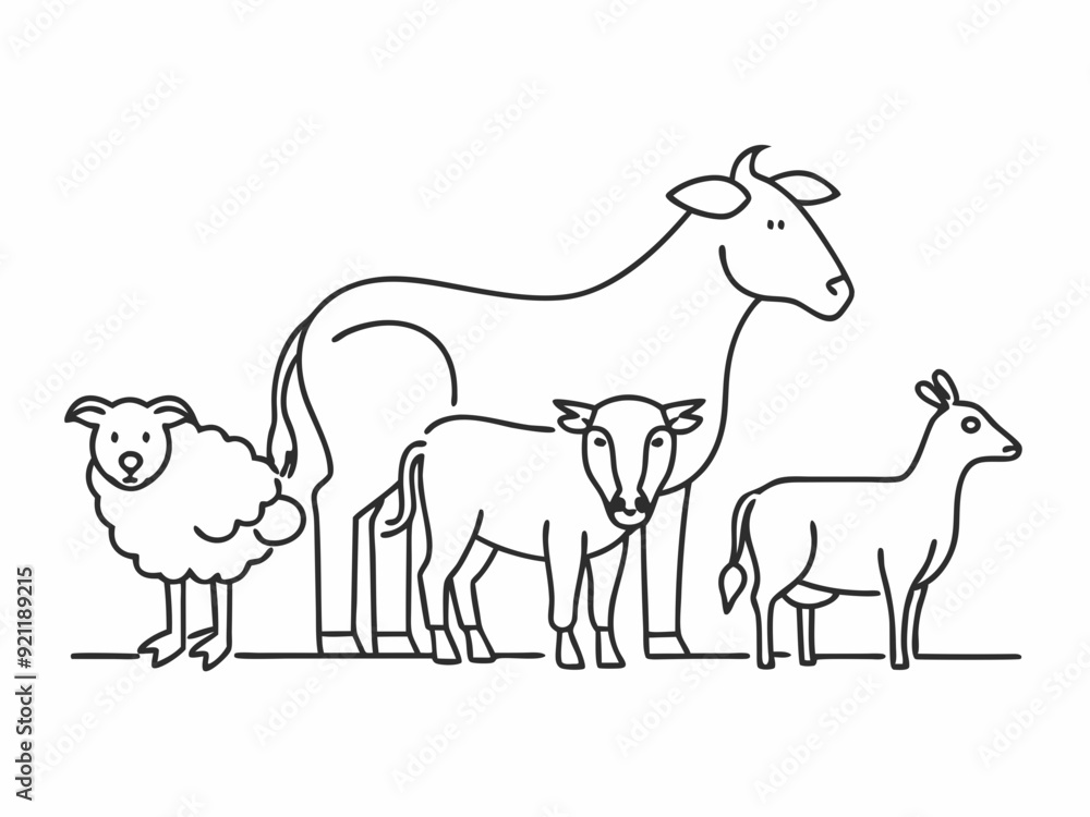 continuous single line drawing of farm animals, livestock line art ...