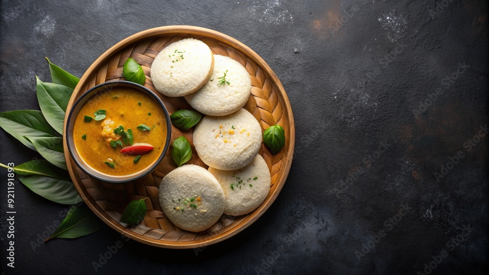 Top view of idli with sambar on a dark background , South Indian ...