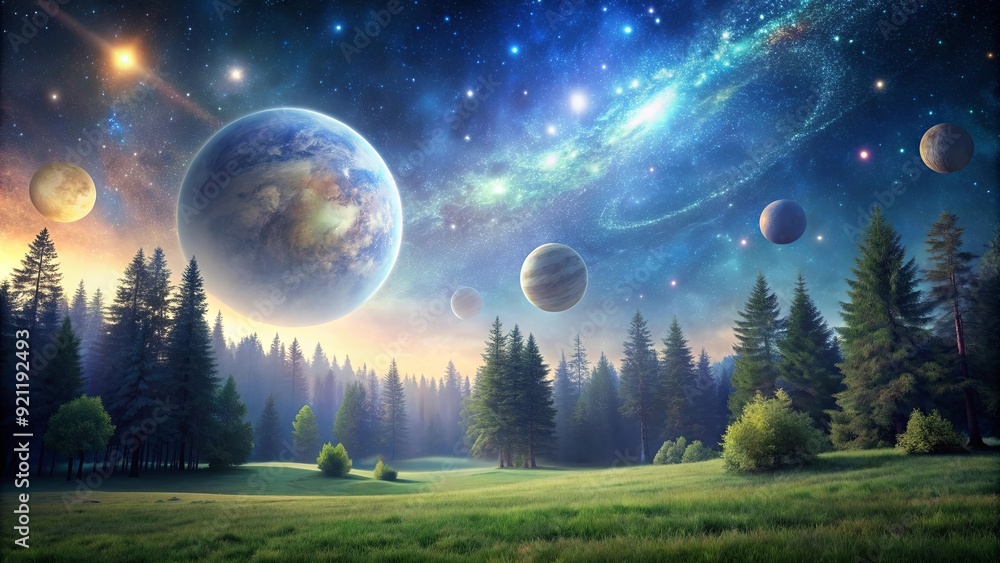 Planets align in the night sky over an enchanted forest clearing ...