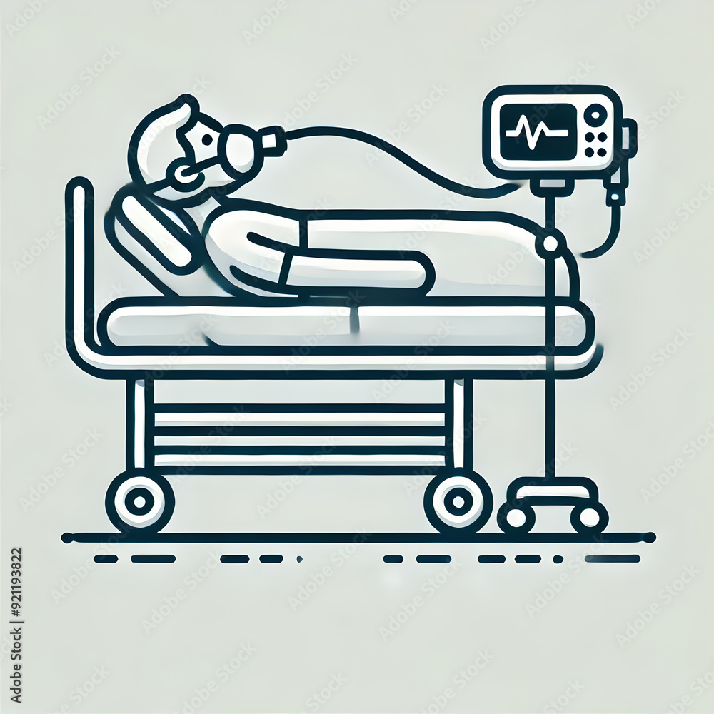 A cartoon icon depicting a patient in an ICU setting, lying on a ...