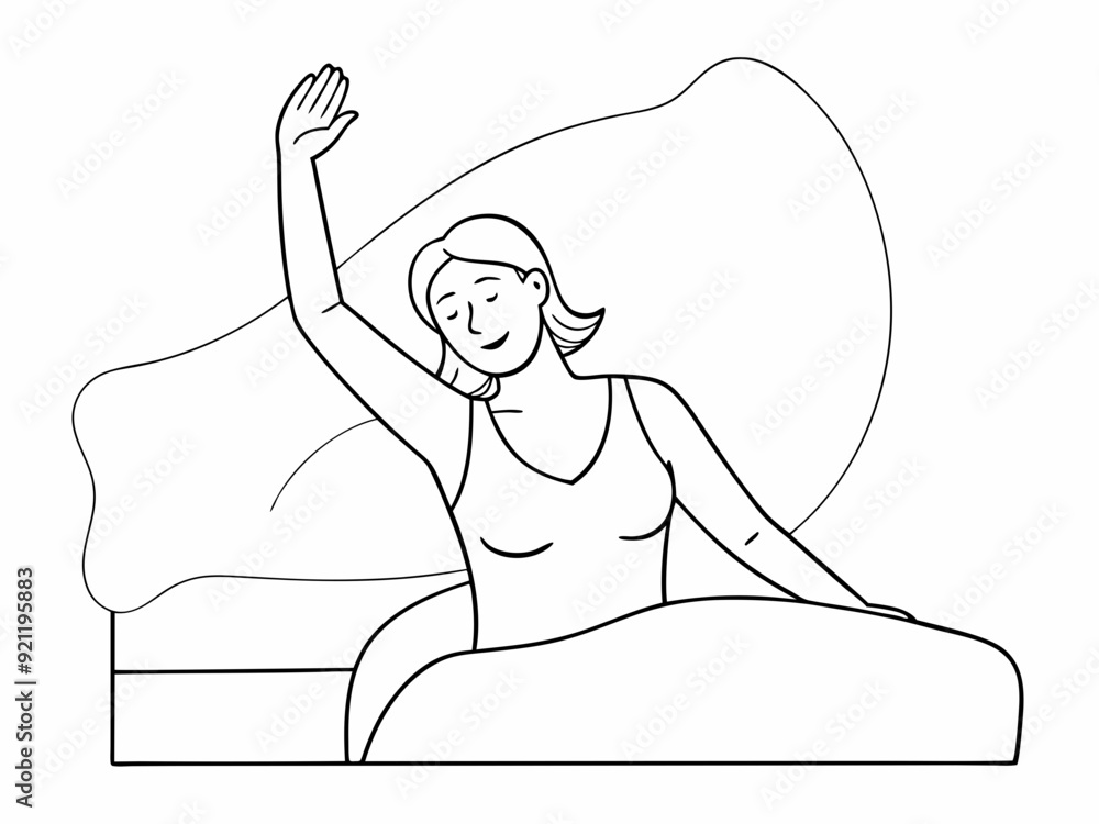 continuous single line drawing of woman stretching in bed after waking ...