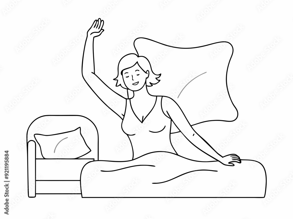 continuous single line drawing of woman stretching in bed after waking ...